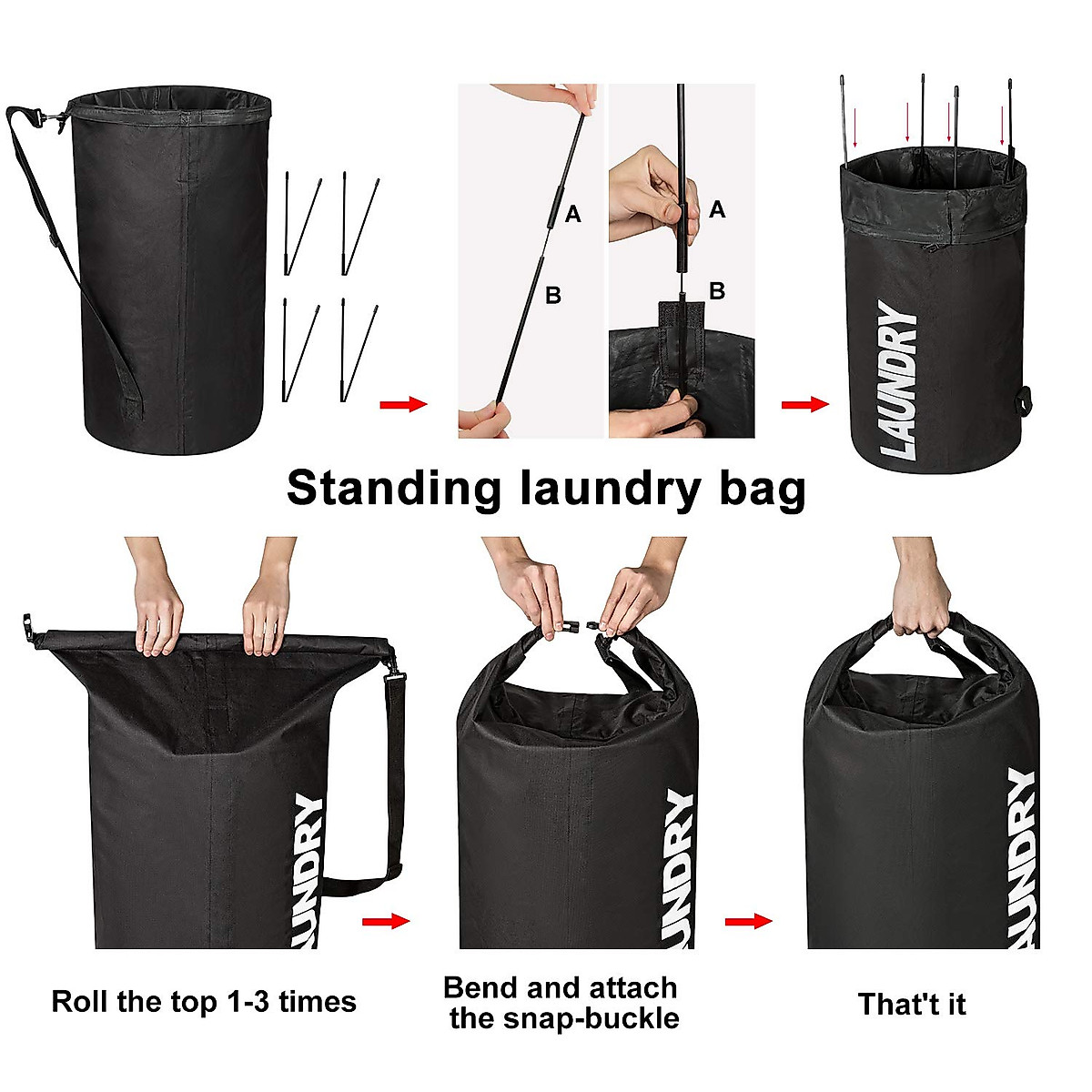 WOWLIVE Extra Large Foldable Laundry Bag Durable Laundry Basket Collapsible Laundry Hamper Backpack Dirty Clothes Hamper Standing Waterproof Hampers for Laundry Dorm Room (Black)
