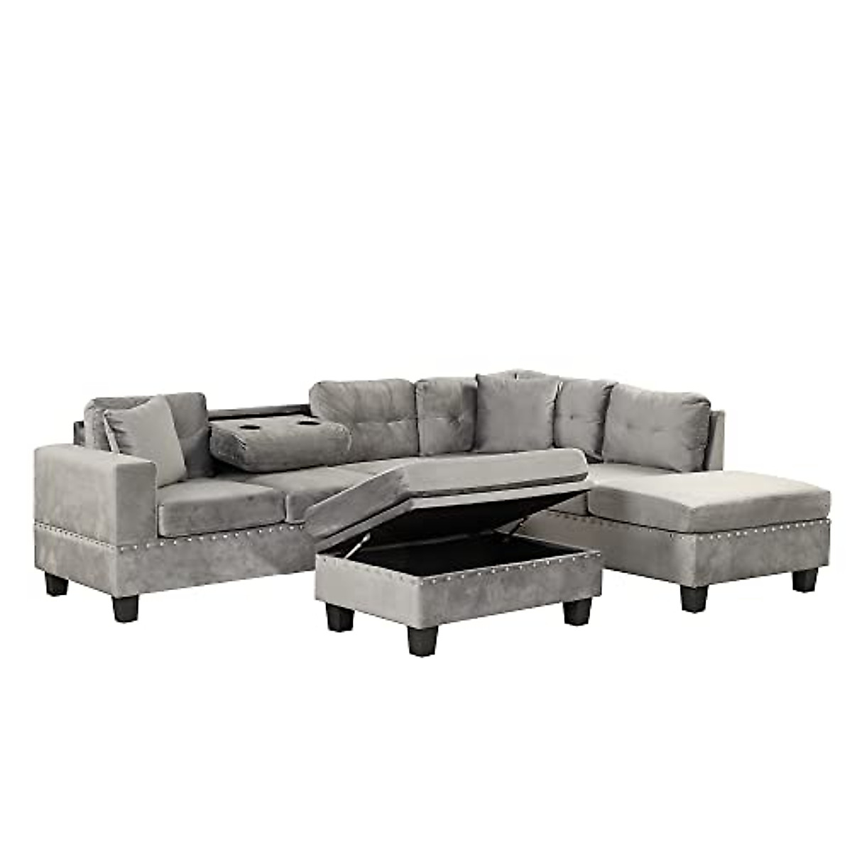 Eafurn L Shaped Sectional Reversible Chaise and Drop Down Table & Cupholders, Upholstery Corner Storage Ottoman, Tufted Convertible Sofa & Couch for Living Room Furniture Set, Gray 104.5"
