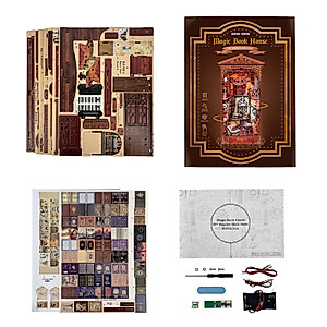 Book Nook Kit, DIY 3D Bookshelf Insert Decor, Wooden Puzzle Dollhouse with Sensor LED Light, Bookend Building Set for Teens Adults - Magic Book House