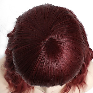 RemyAeki Red Wavy Wigs with Bangs for Women, Short Curly Bob Wigs Medium Shoulder Length, Burgundy Wine Red Synthetic Wigs Natural Looking 14 Inch