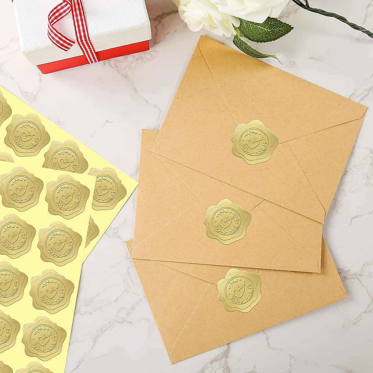 KOOGEL 500 Pieces Gold Wax Seal Stickers Labels Embossed Self-Adhesive Heart Envelope Seal Looking Stickers for Wedding Invitation Christmas Greeting Card