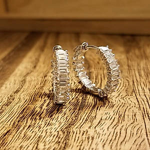 Platinum Plated 925 Sterling Silver Baguette Cubic Zirconia Full Ring Pave Cz Hoop Earrings