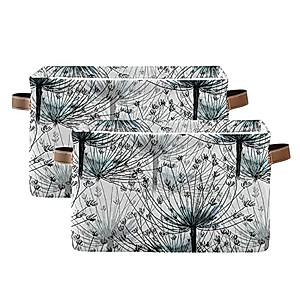 Nature Flowers Leaves Storage Basket Set of 2 Large Fabric Dandelion Storage Basket Bins Box Cube with Handles Collapsible Closet Shelf Clothes Organizer Basket for Nursery Bedroom