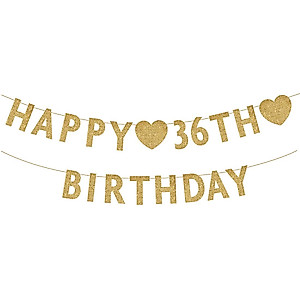 Gold Happy 36th Birthday Banner, Glitter 36 Years Old Woman or Man Party Decorations, Supplies