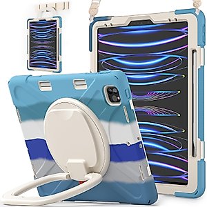 BATYUE iPad Pro 12.9 Case - Protective Case for iPad Pro 12.9-inch 6th/ 5th/ 4th/ 3rd Generation 2022/2021/ 2020/2018, Rugged Cover with Pencil Holder/360° Swivel Stand/Shoulder Strap-Colourful Blue