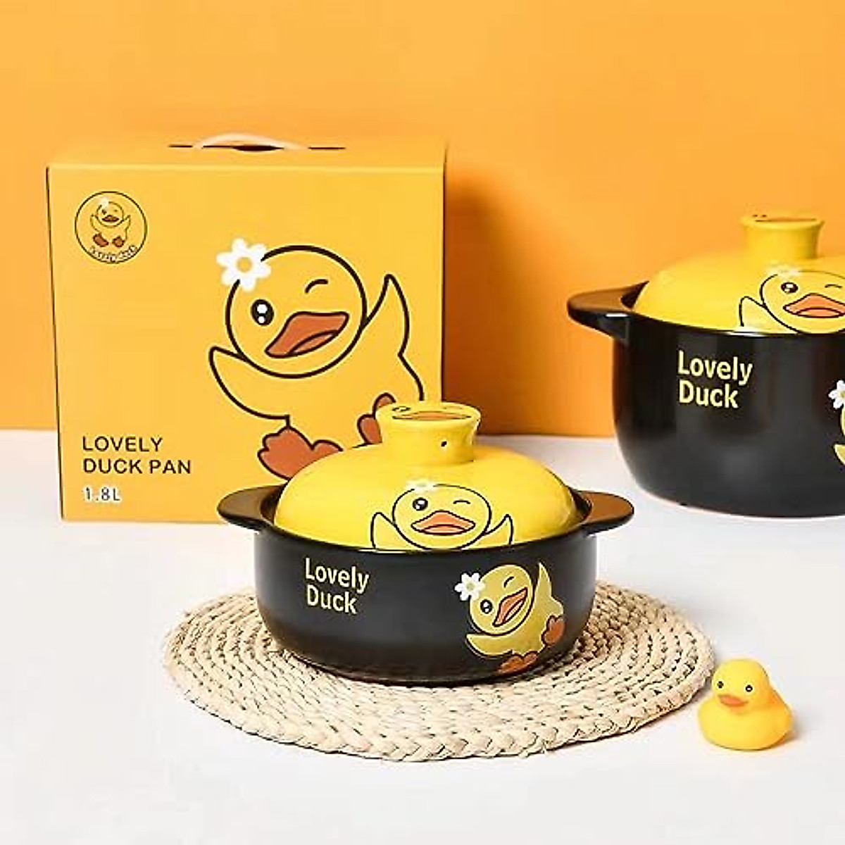 Korean Premium Duck Cartoon Ceramic Yellow Casserole Clay Pot with Lid, Perfect for Cooking Hot Pot, Dolsot Bibimbap, and Soup (2-Quarts)