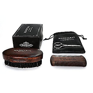 MANETURAL Beard Comb & Beard Brush Set for Men Dual Action Natural Wooden Beard Comb and Natural Boar Bristle Brush Great for Grooming Beard & Mustaches Scissors Gifts for Men Him