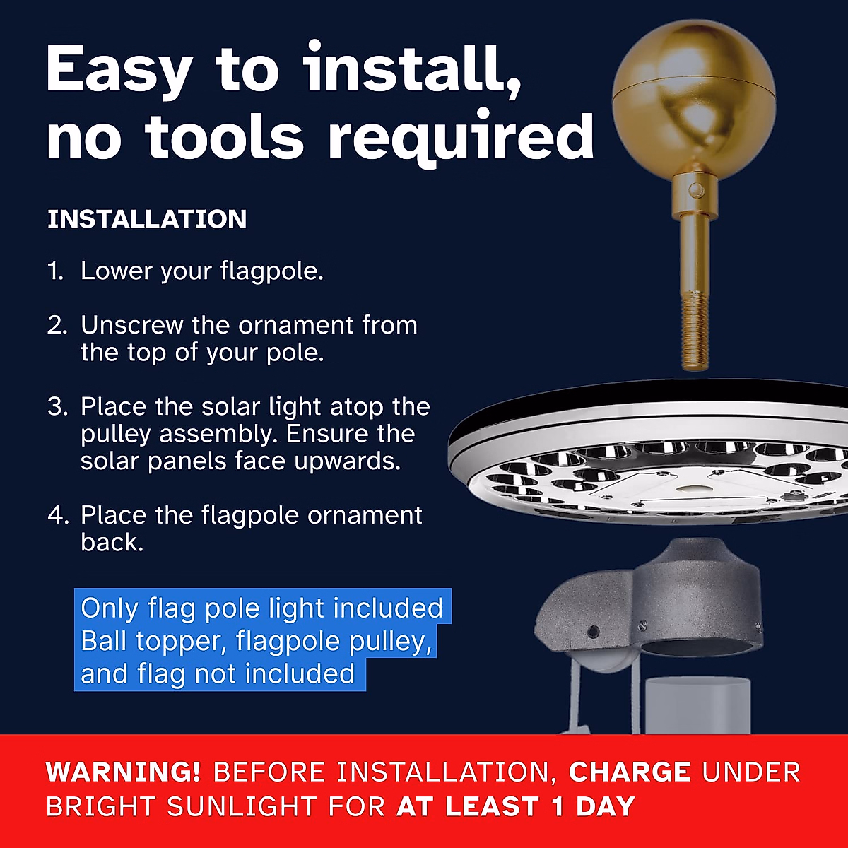 Deluxe Black 2nd Generation Flag Pole Light Solar Powered, 1300 Lumen Weatherproof Solar LED Light for Most Flagpoles, 100% Flag Coverage from Dusk to Dawn for 12 Hours, Black