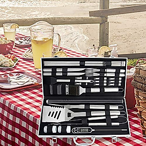 ROMANTICIST 28pc BBQ Accessories Set with Thermometer - The Very Best Grill Gift on Birthday Wedding - Heavy Duty Stainless Steel Grill Set in Case for Outdoor Cooking Camping Grilling Smoking