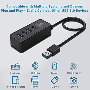 NexiGo 4-Port USB 3.0 Hub, Data USB Hub with 2 ft Extended Cable, for MacBook, Mac Pro, Mac Mini, iMac, Surface Pro, XPS, PC, Flash Drive, Mobile HDD