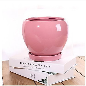 Ceramic Home/ Garden Modern Flower Planter Pot with Saucer/ Tray - Classic Round Apple Ball Shape Pink Color