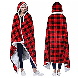 Catalonia Buffalo Plaid Hooded Blanket Poncho | Wearable Blanket Wrap with Hand Pockets | Comfy Sherpa Fleece Throw Cape for Children and Adults, Women Gift