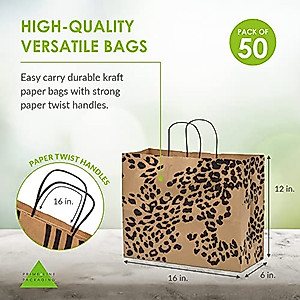 Brown Paper Gift Bags - 16x6x12 Inch 50 Pack Brown Animal Print Large Bags with Handles, Cheetah, Zebra, Leopard, for Shopping, Small Business, Retail Stores, Boutiques, Merchandise, Parties, Events