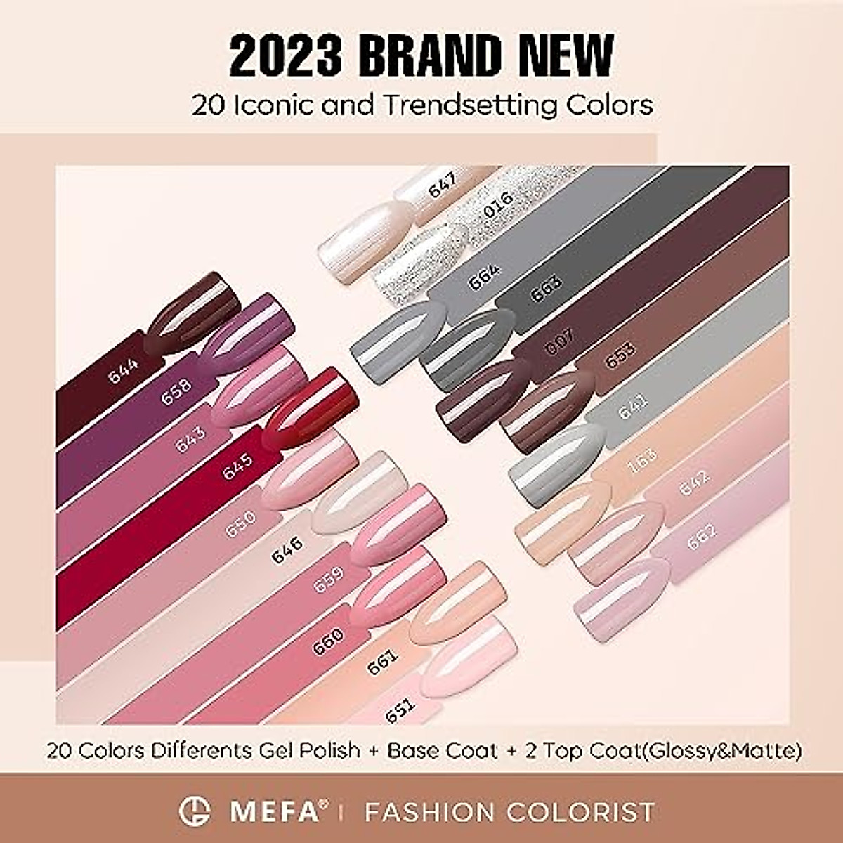 MEFA 23 Pcs Gel Nail Polish Kit, 20 Colors Nude Pink Glitter All Seasons Collection Skin Tone Bubble Bath Gel Polish Nail Kit with Glossy & Matte Top Base Coat Nail Art Manicure DIY Salon Gift for Women