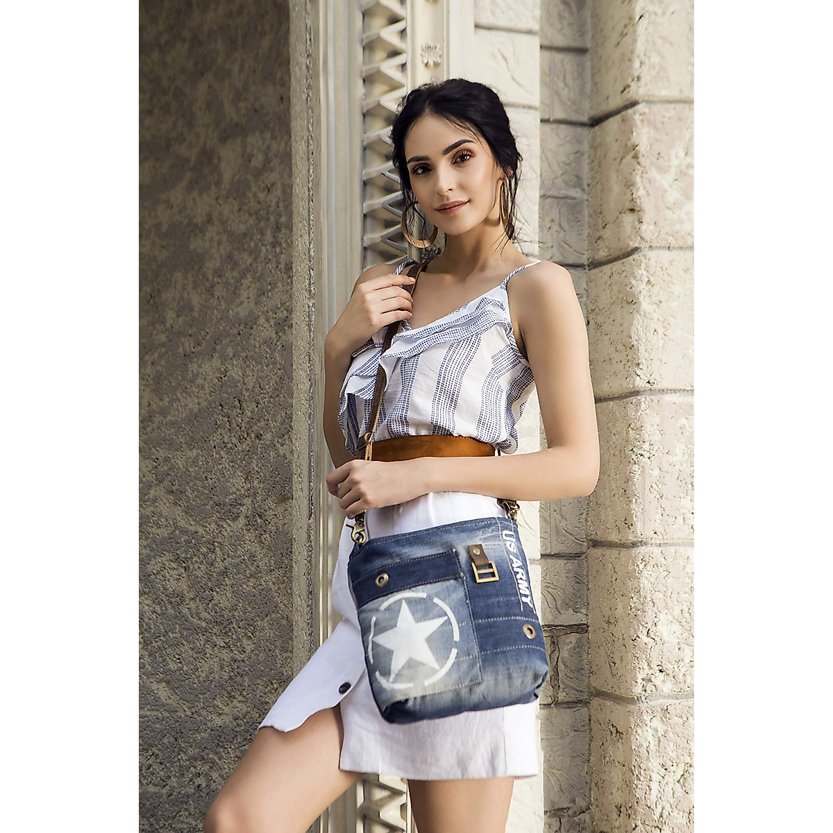 Myra Bag womens Star Denim Upcycled Canvas Cotton & Leather Shoulder Bag S-1627