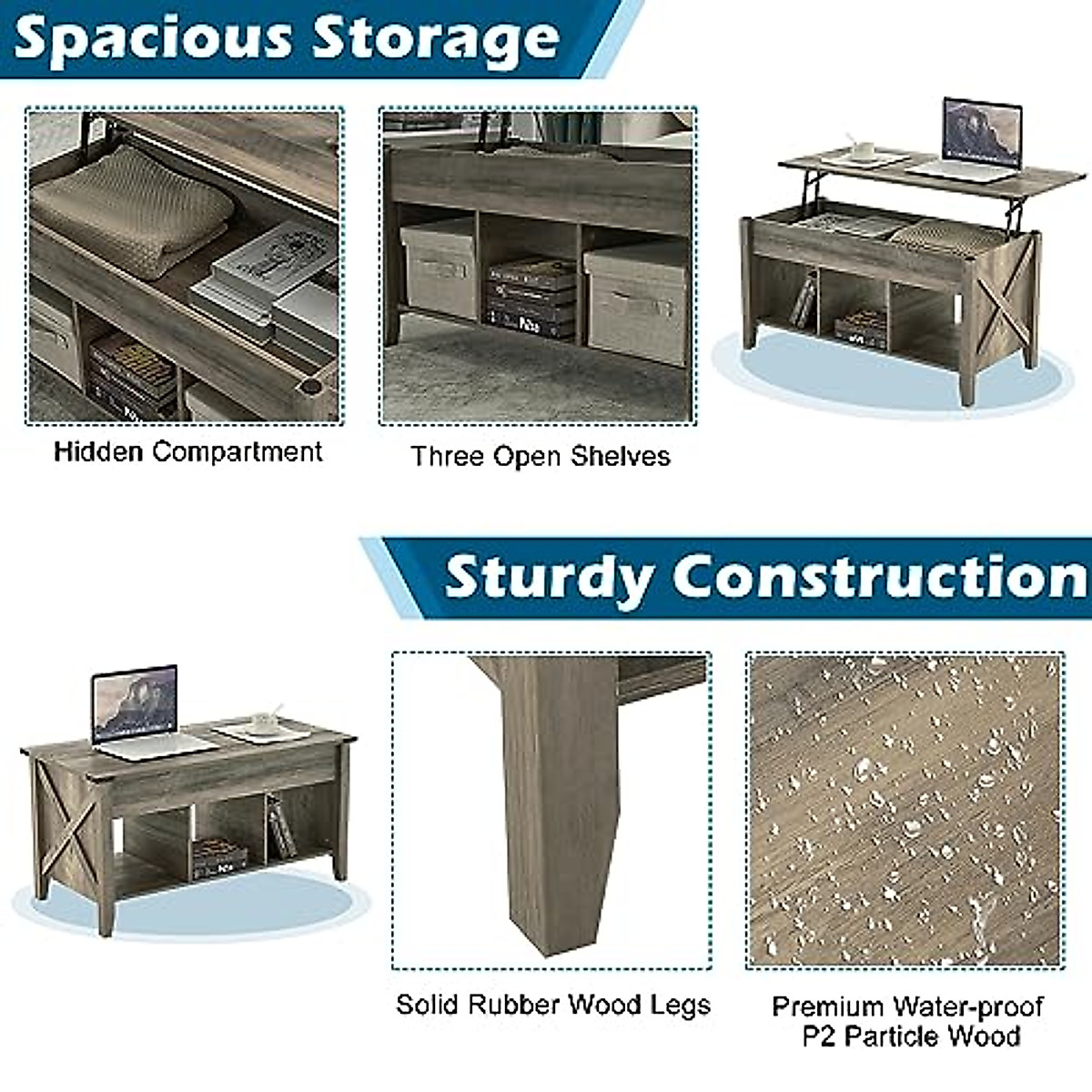 VINGLI Farmhouse Lift Top Coffee Table, Rustic Grey Coffee Table with Lift Top, Lift Up Pop Up Coffee Table with Storage Shelf/Hidden Compartment, Gas Lift Coffee Table Mesa De Centro para Sala