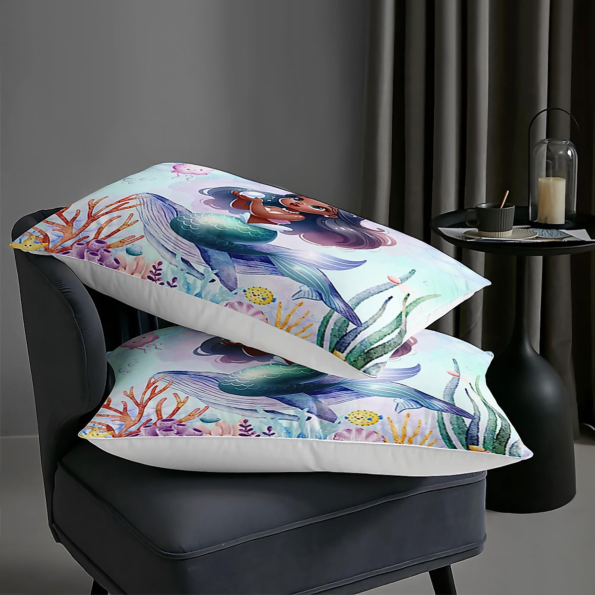 AILONEN Little Black Girl Mermaid Comforter Set Full Size, Kawaii Mermaid with Dolphin Bedding Set for Kids Girl,Ocean Theme Duvet Set,1 Quilt Set and 2 Pillowcases,3PCS