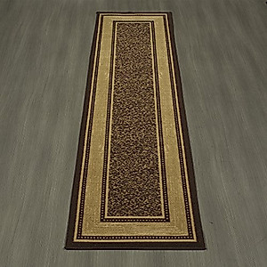 Machine Washable Bordered Design Non-Slip Rubberback 3x10 Traditional Runner Rug for Hallway, Kitchen, Bedroom, Living Room, 2'7" x 9'10", Brown