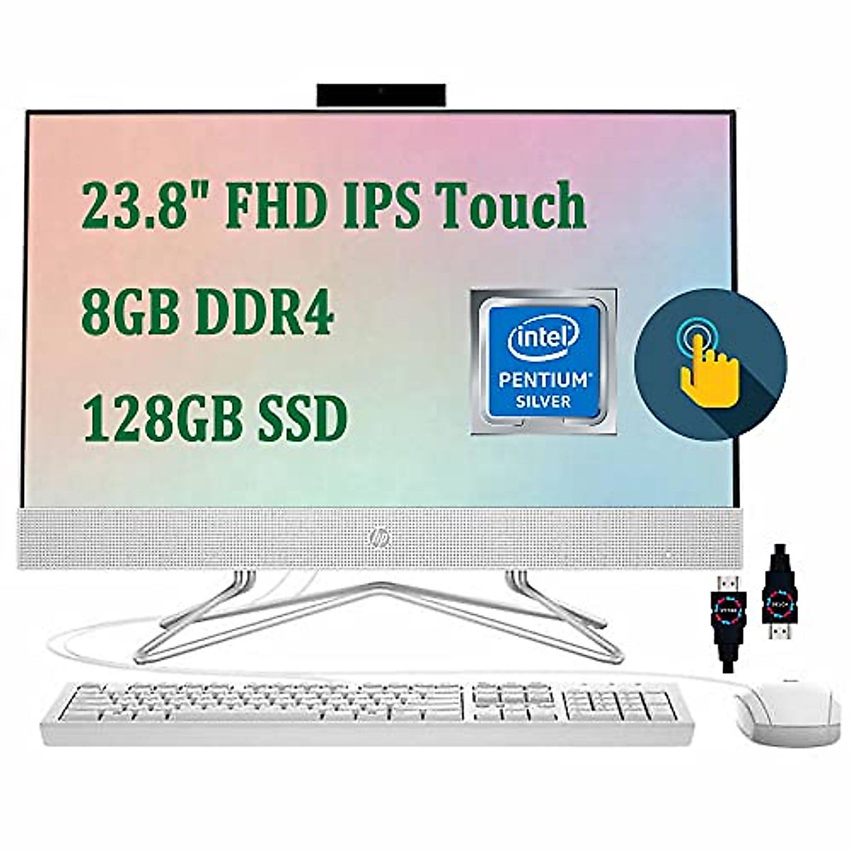 HP 24 All-in-One Desktop Computer I 23.8" FHD IPS Touchscreen (72% NTSC) I Intel 4-Core Pentium Silver J5040 I 8GB DDR4 128GB SSD I Intel UHD Graphics 605 I Win11 White + HDMI Cable