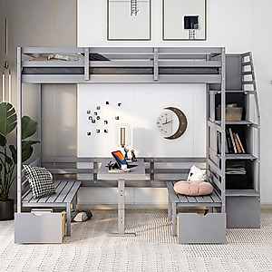 BOVZA Full Over Full Bunk Bed with Staircase, Convertible Dorm Loft Bed with Desk, Seat and Storage Drawers for Kids Boys Girls Teens, Gray