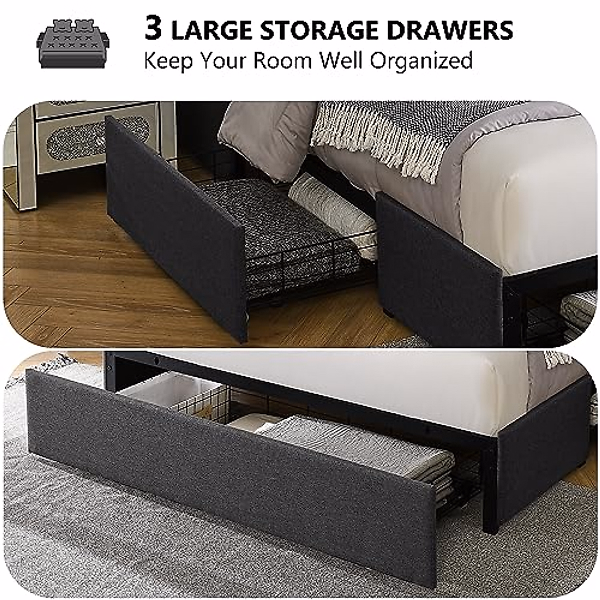 Lumelay Full Size Bed Frame with 3 Storage Drawers, Fabric Upholstered Platform Bed Frame Full No Fixed Headboard,Strong Matel Frame and Wooden Slats Support No Nosie No Box Spring Needed (Full)