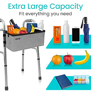 Vive Walker Basket Accessories Bag - Tray for Folding Walker with Water Cup Holder & Pockets - Universal Large Capacity Storage Container for Seniors, Elderly - Storage Mobility Aid Pouch (Gray)