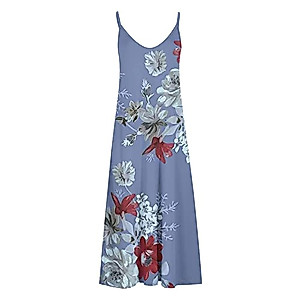 Mini Dresses for Women Women Summer Casual Sexy Sleeveless V Neck Long Flower Print Dress Blue