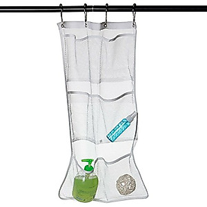 AKOAK 1 Set White 6-Packet Quick Dry Mesh Pockets Fabric Hanging Caddy and Bath Organizer Hang on Shower Curtain Rod/Liner Hooks with 4 Rings