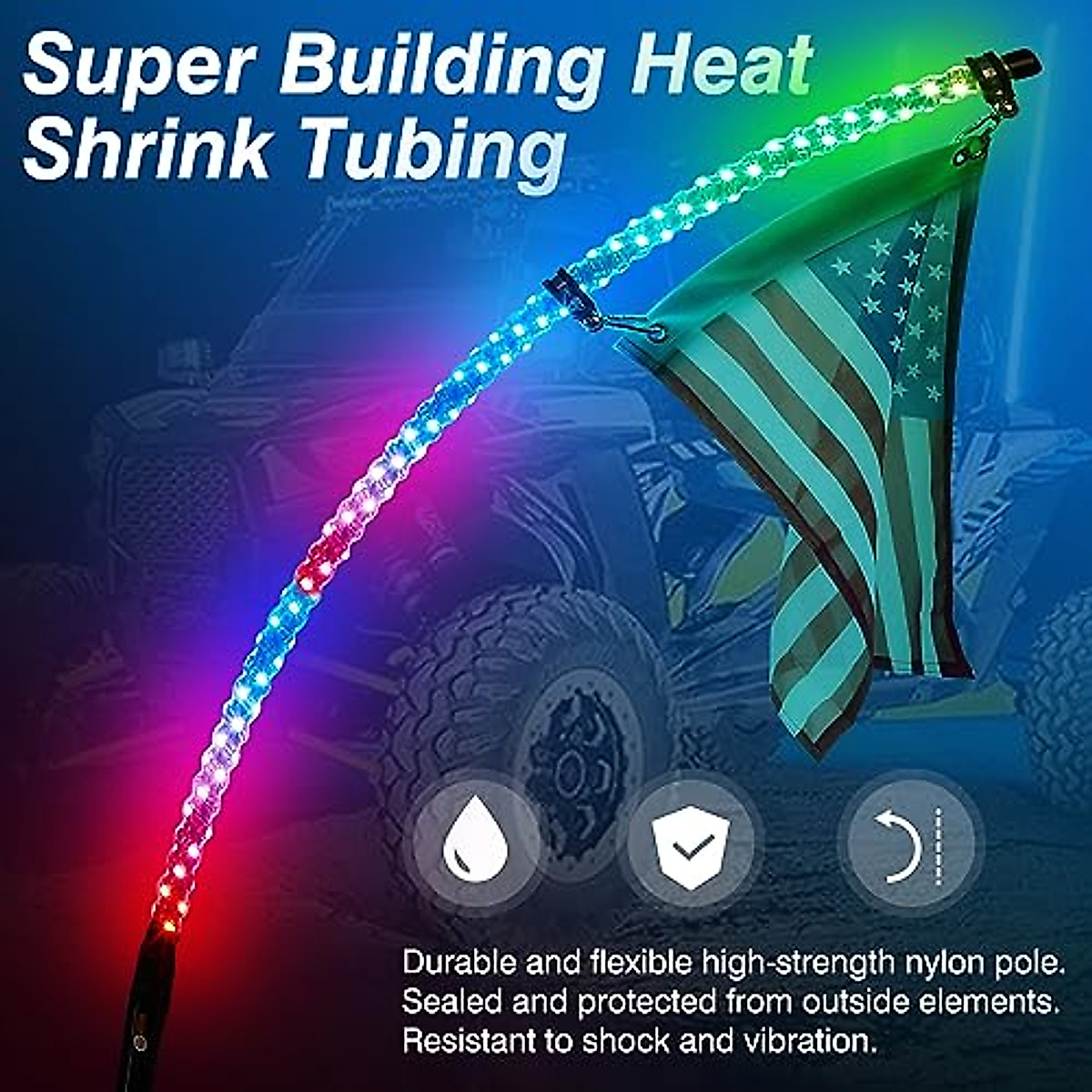SUZCO 2PCS 2FT Heavy-Duty LED Chasings Spiral Whip Lights with IR&RF&APP, Pure White 6000K 138Leds Dancing Whip Light with Turn/Brake/Warning/Reverse Signal Fit for ATV UTV RZR Off-Road Truck Can-Am