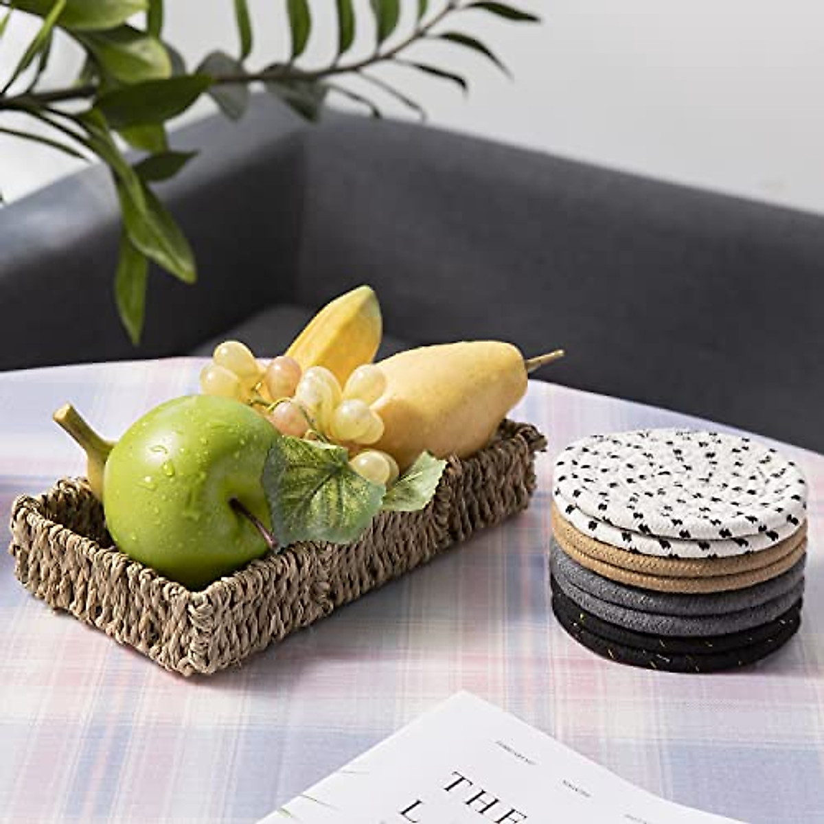 Coasters for Drink Absorbent, Handmade Woven Coasters Set of 8 with Seagrass Basket Holder, Heat-Resistant Coaster for Table Protection, Boho Fabric Coasters Suitable for Kinds of Cups