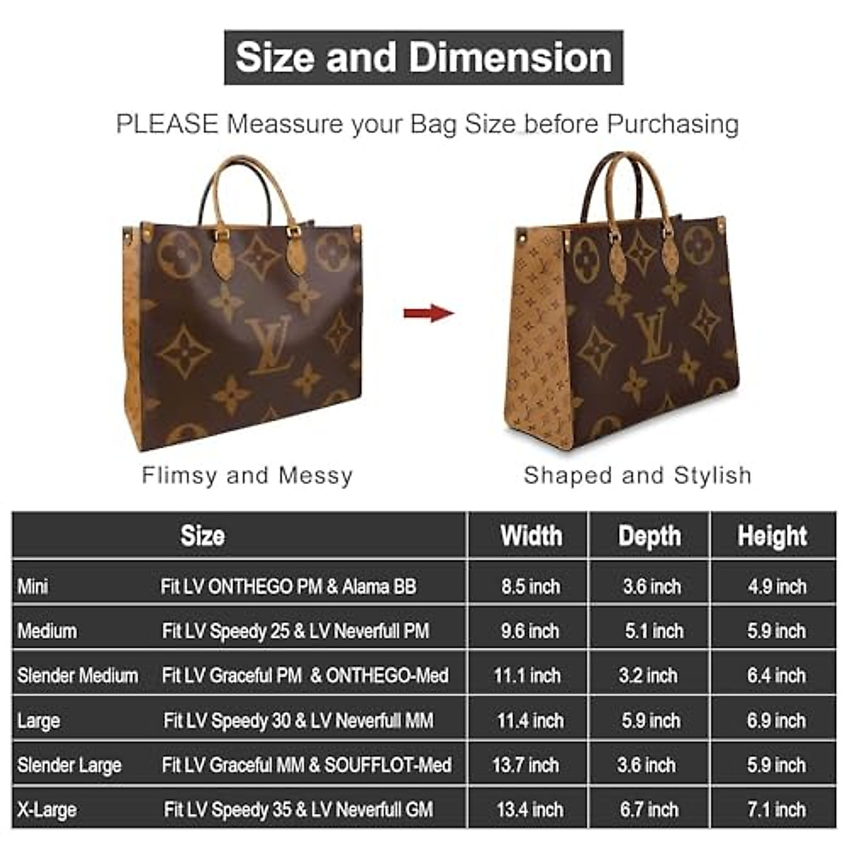 OMYSTYLE Black Large Purse Organizer Insert for Handbags, Felt Bag Organizer for Tote & Purse, Tote Bag Organizer Insert with 5 Sizes, Compatible with Neverful Speedy and More（11.4"×5.9"×6.9"