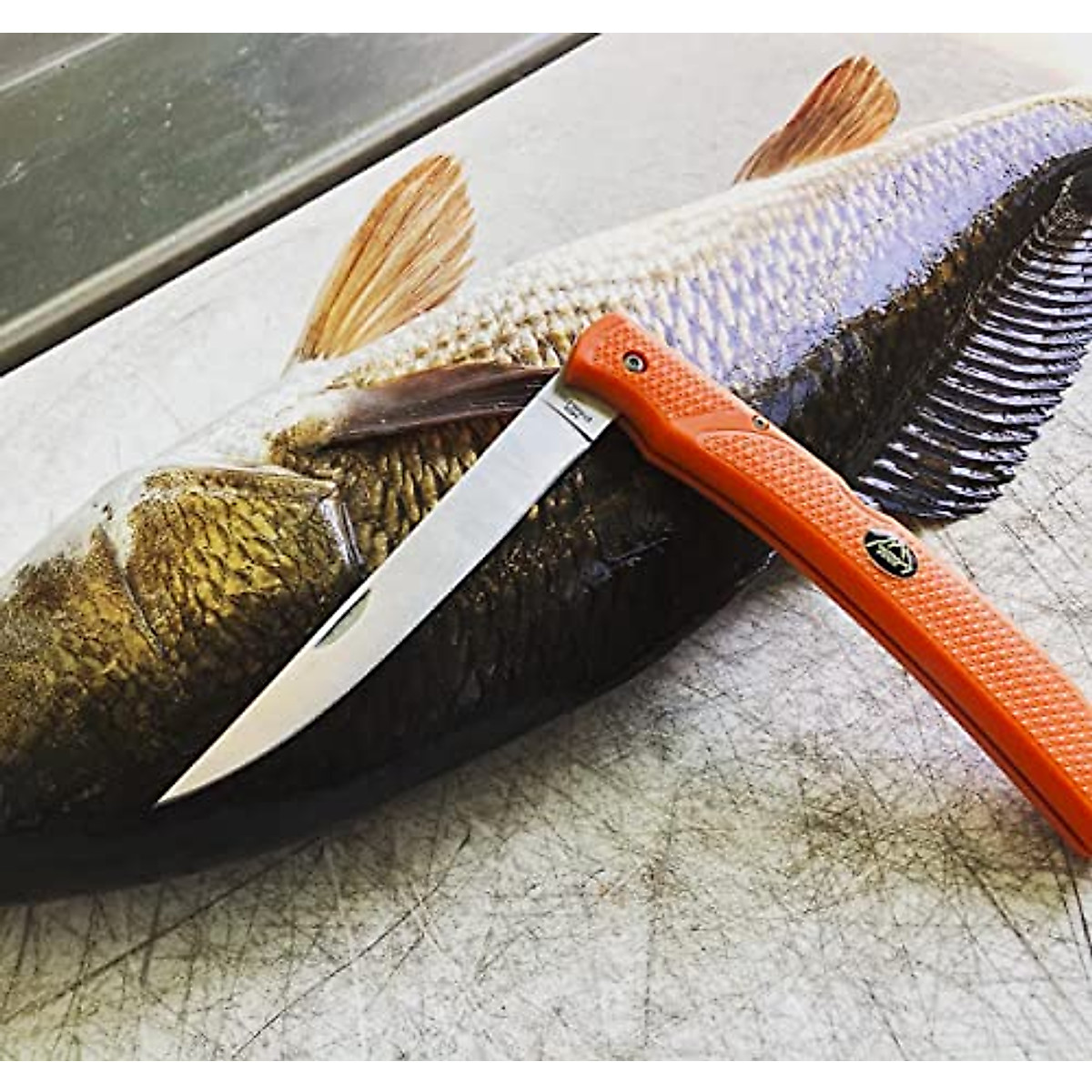 OUTDOOR EDGE Fish & Bone - Folding Fillet Knife with 5.0" 440A Stainless Steel Blade for Fish and processing big game - Pocket Clip (Orange)