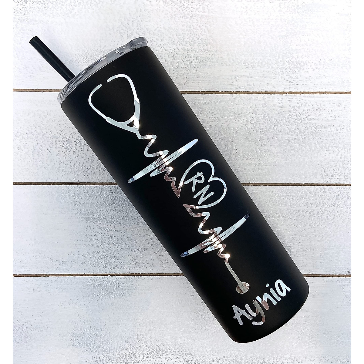 Heartbeat Nurse's Personalized 20 oz Stainless Steel Skinny Tumbler with Custom Stethoscope Vinyl Decal by Avito - Includes Straw and Lid - Nurse RN,CNA - Nurse Gift