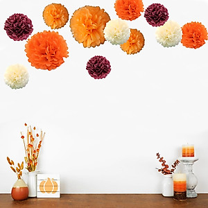 12-Piece Maroon Burgundy Orange Little Pumpkin Party Tissue Pom Poms Paper Flowers Centerpieces Fall Thanksgiving Baby Bridal Shower Wedding Birthday Party Nursery Table Wall Garden Hanging Décor