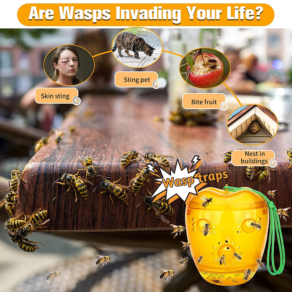 DDTnw Traps Outdoor Hanging, Wasps Repellent Trap Bee Traps for Outside, DDTnw Deterrent Killer Insect Catcher, Non-Toxic Reusable Hornet Traps Yellow Jacket Traps Outdoor Hanging 2 Pack (Orange)