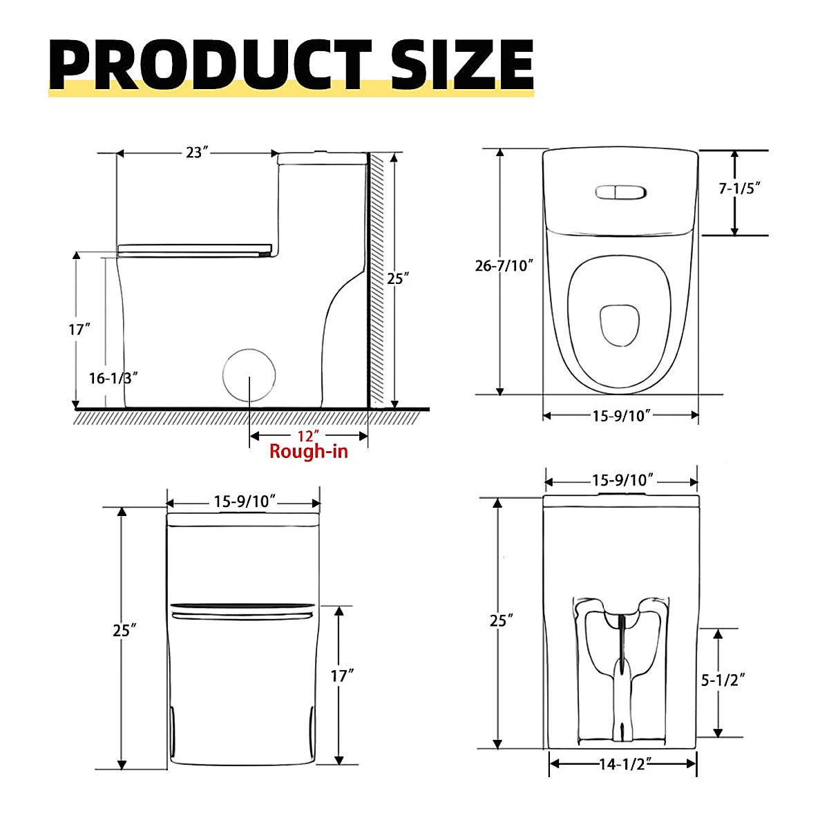 SUPERFLO One Piece Toilet Elongated Comfort Height Toilets, Standard 12" Rough-in & 0.8/1.28 GPF Dual Flush, Siphonic Flush Small Toilets for Small Bathroom with Side Holes