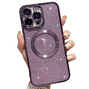 aowner Magnetic Case for iPhone 13 Pro Max Glitter Case, Luxury Plating Cute Bling with Camera Lens Protector, Compatible with MagSafe, Slim Thin for Women Girls Protective Clear Phone Case, Purple