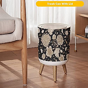 Small Trash Can with Lid Seamless Flower Vintage Floral Black White Gold Garden Flowers Roses Wood Legs Press Cover Garbage Bin Round Waste Bin Wastebasket for Kitchen Bathroom Office 7L/1.8 Gallon
