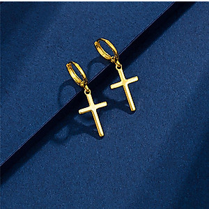 Mens Cross Earrings 24k Yellow Gold Plated Hoop with Snap Closure