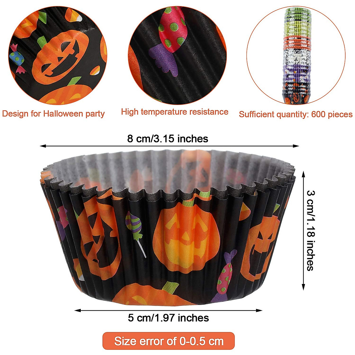 600 Pieces Halloween Cupcake Liners Halloween Pumpkin Colorful Donuts Baking Cups Disposable Paper Cupcake Wrappers Muffin Case Trays Baking Wraps for Halloween Birthday Party (Delicate Style)