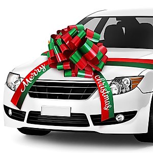 20 Inch Merry Christmas Car Bow Sweet Giant Red Green Pull Bow Waterproof Car Ribbon Bow with 20 Feet Car Ribbon for Christmas Party Car Decorations (Solid Color Style)