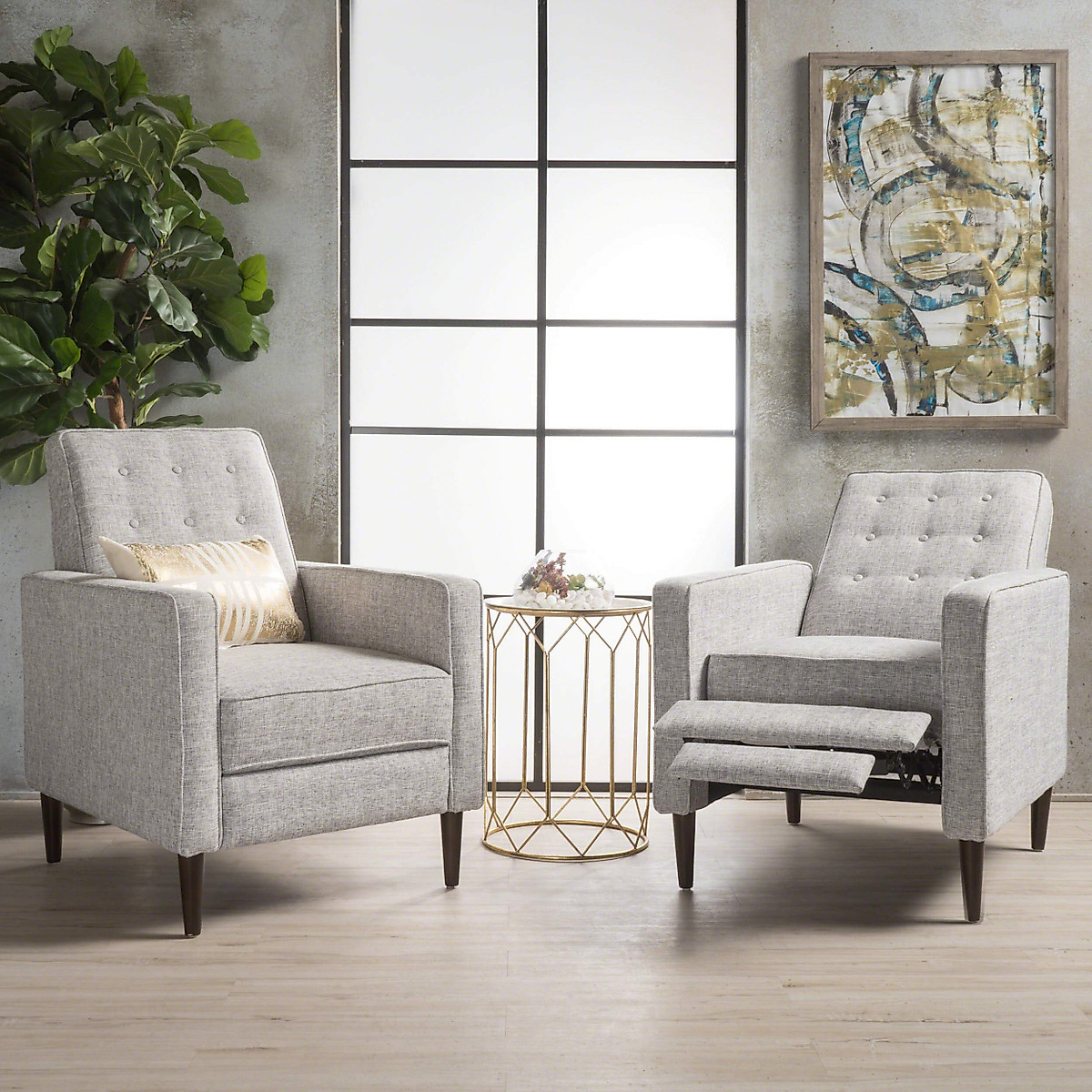 Christopher Knight Home Mervynn Mid-Century Modern Fabric Recliners, 2-Pcs Set, Light Grey Tweed