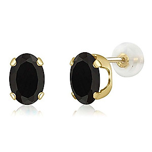 Gem Stone King 14K Yellow Gold Black Onyx Earrings | 1.60 Cttw | Gemstone Birthstone | Oval 7X5MM Stud Earrings | Gold Earrings for Women