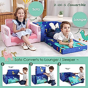 ACRABROS-Toddler-Kids-Couch-Toddler-Chairs-for-Boys-Girls 2 in 1 Baby Sofa Fold Out to Lounger, Pre-Assembled, Soft Plush Kids Furniture for Playroom Bedroom,Dinosaur.