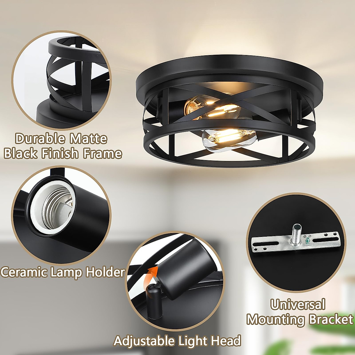2-Light Flush Mount Ceiling Light Fixtures, 2-Pack Farmhouse Black Ceiling Lights, Industrial Metal Cage Light Fixtures Ceiling Mounted with Adjustable Head, Ceiling Lights for Bedroom Hallway Kitchen