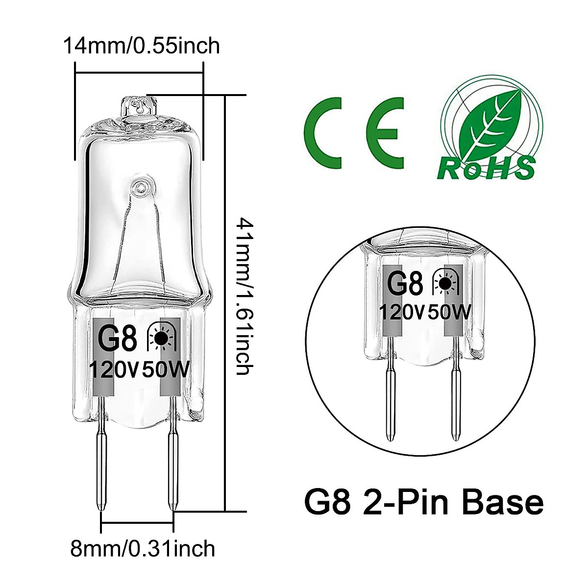 G8 Halogen Light Bulb 50W 120V T4 JCD Type G8 Bi-Pin Base Dimmable G8 Small Light Bulbs for Kitchen Hood, Landscape Lights, Desk and Floor Lamps, Wall Sconces, Warm White 2700K (12 Pack)
