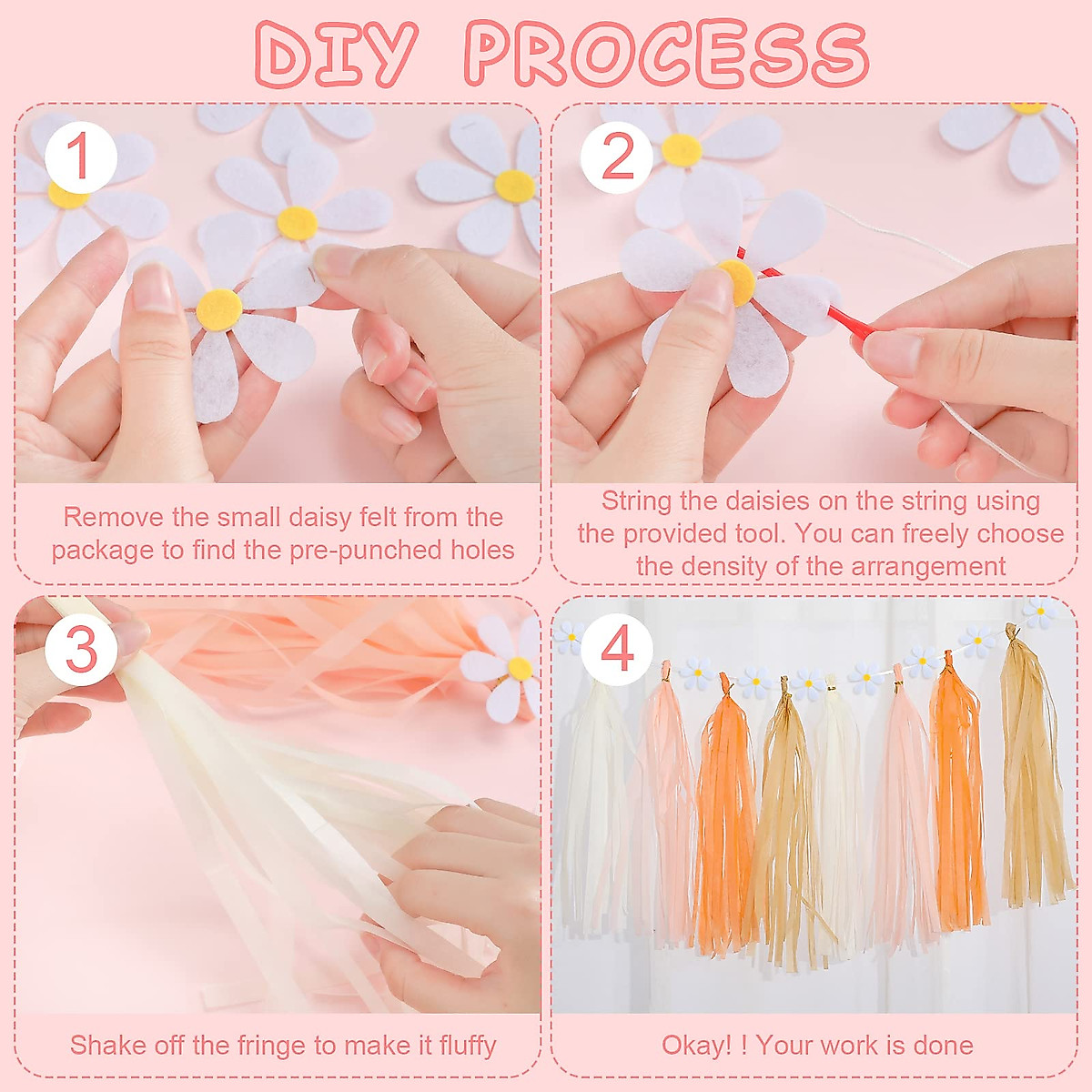 Tudomro 2 Pcs Daisy Groovy Boho Garland with 20 Pcs Paper Tassels, Groovy Party Decorations Hippie Daisy Felt Banner Artificial Daisy Party Favor for Wedding Birthday Party Bridal Decorations(Daisy)