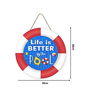 Life is Better by The Pool Sign, Pool Wooden Hanging Art Sign, Outdoor Summer Sign for Garden Backyard Patio Decor, Indoor/Outdoor Novelty Pool Decor 12 x 12 Inch