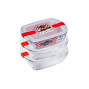Ôcuisine 334S116 rectangular tempered borosilicate glass food containers with patented microwave safe, oven cooking (without lid), storage & reheating, Set of 3, BPA Free, Made in France