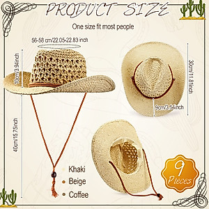 Newcotte 9 Pack Straw Cowboy Hats for Women Western Cowgirl Hat Bulk Beach Sun Hat with Windproof Rope for Party Travel (Khaki, Beige, Coffee)